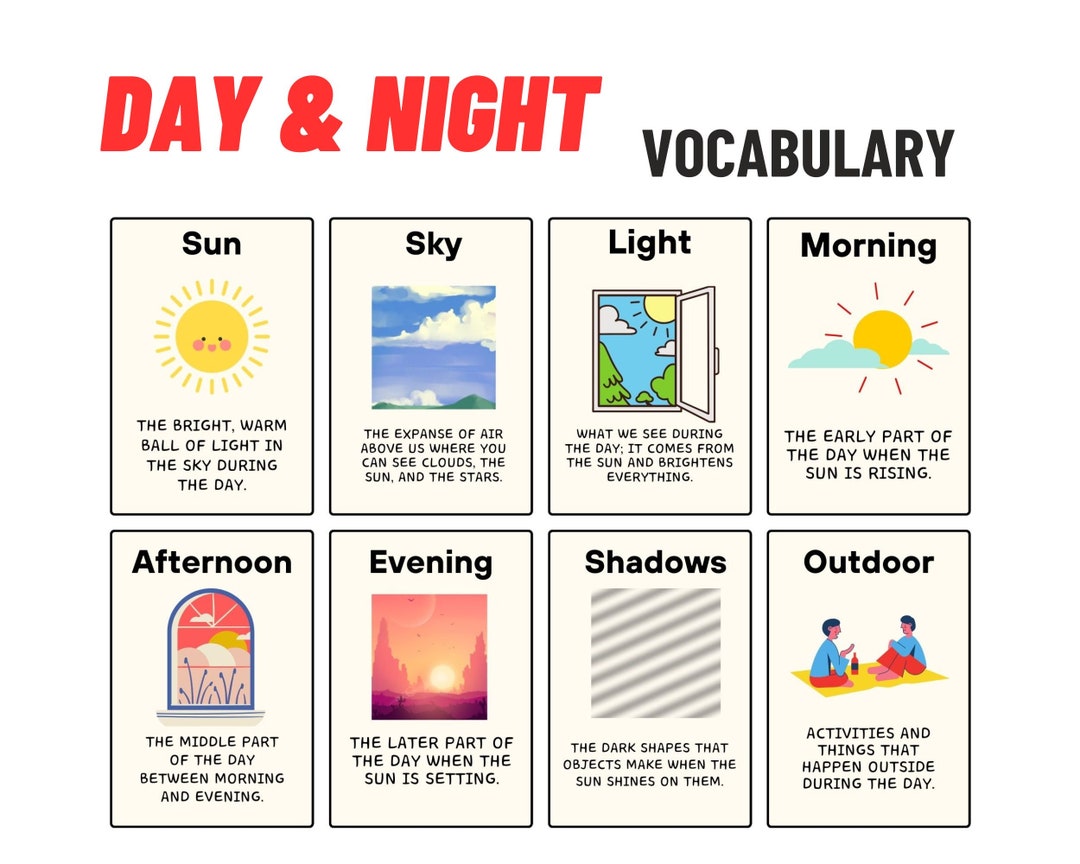 Day and Night Vocabulary Day and Night Flashcards - Etsy