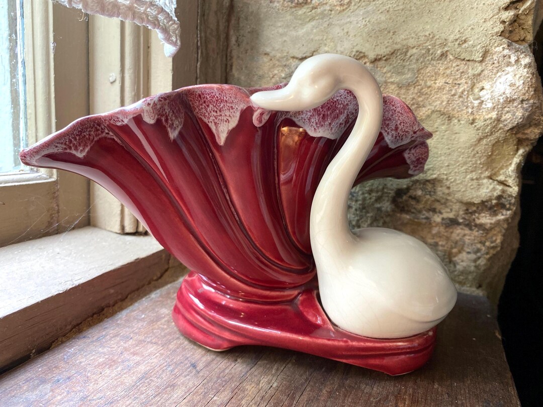 Vintage, Swan Planter, Cornucopia, Drip Glaze, Maroon and White ...