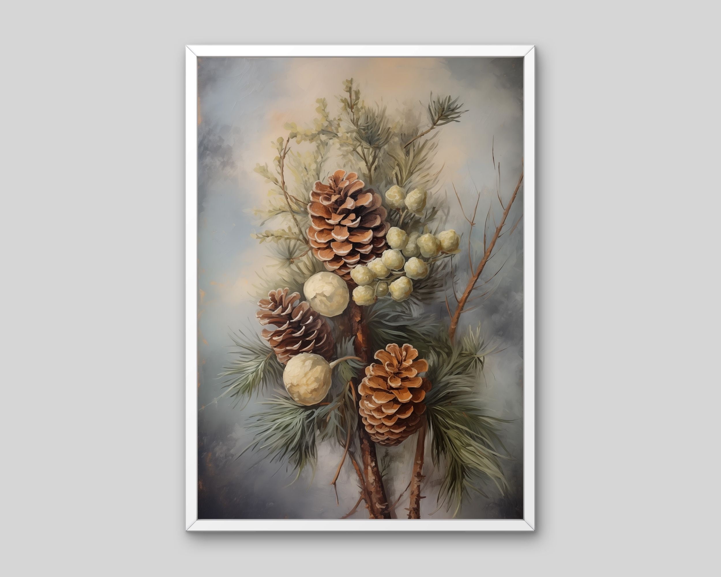 Pinecone Oil Painting Printable, Vintage Christmas Wintery Decor ...