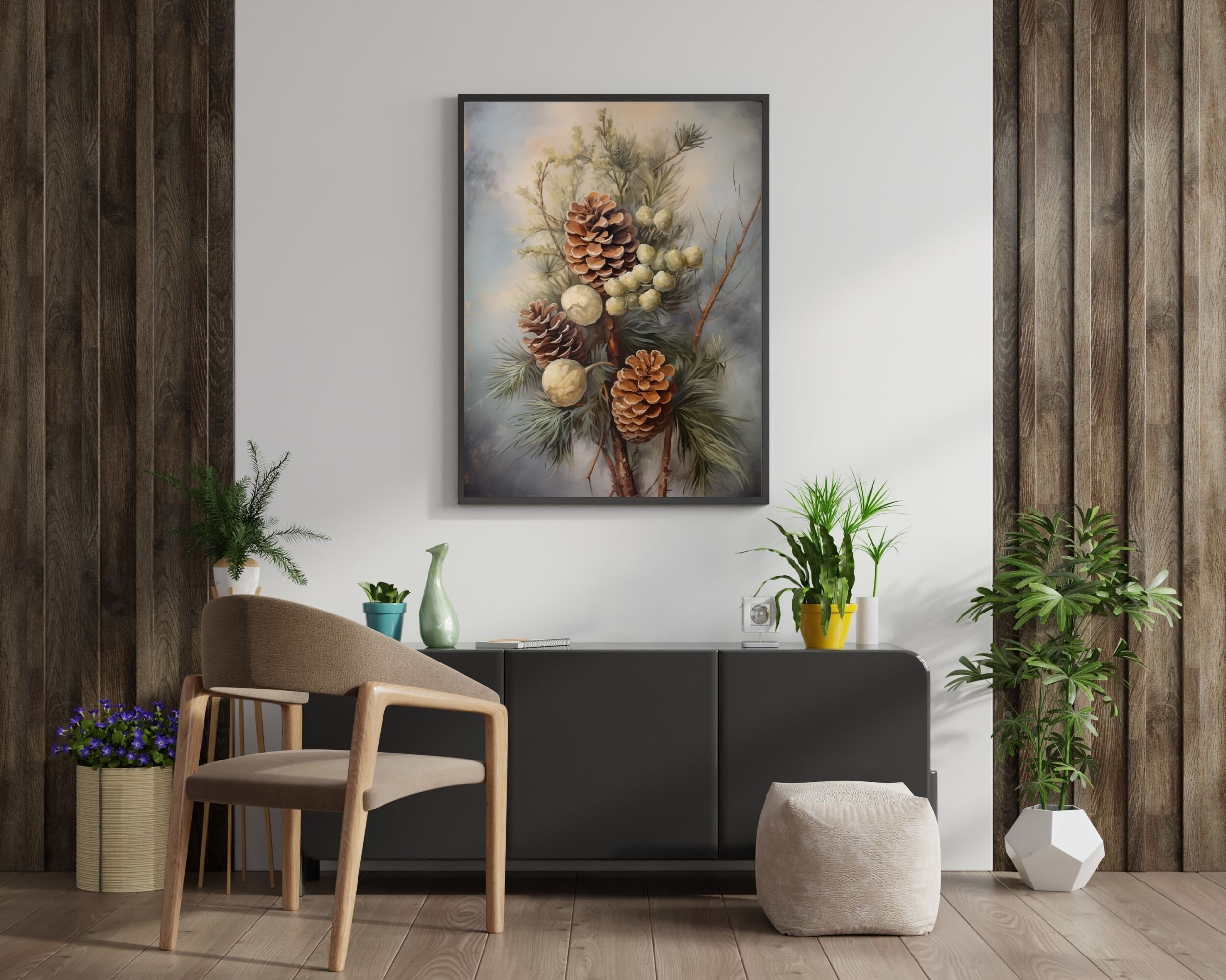 Pinecone Oil Painting Printable, Vintage Christmas Wintery Decor ...