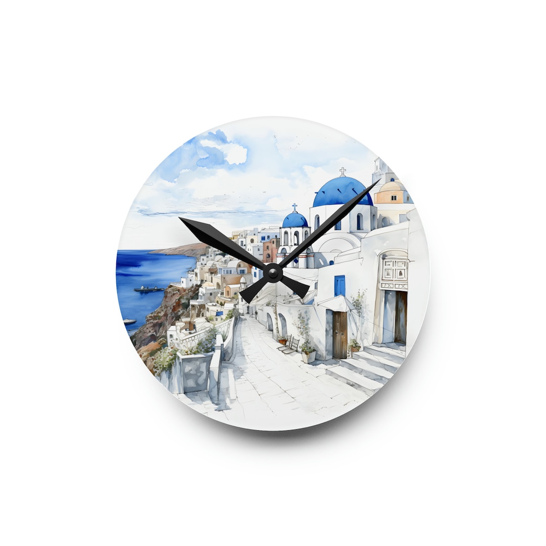 Santorini Greece Sketch Acrylic Wall Clock Coastal Elegance Art - Etsy