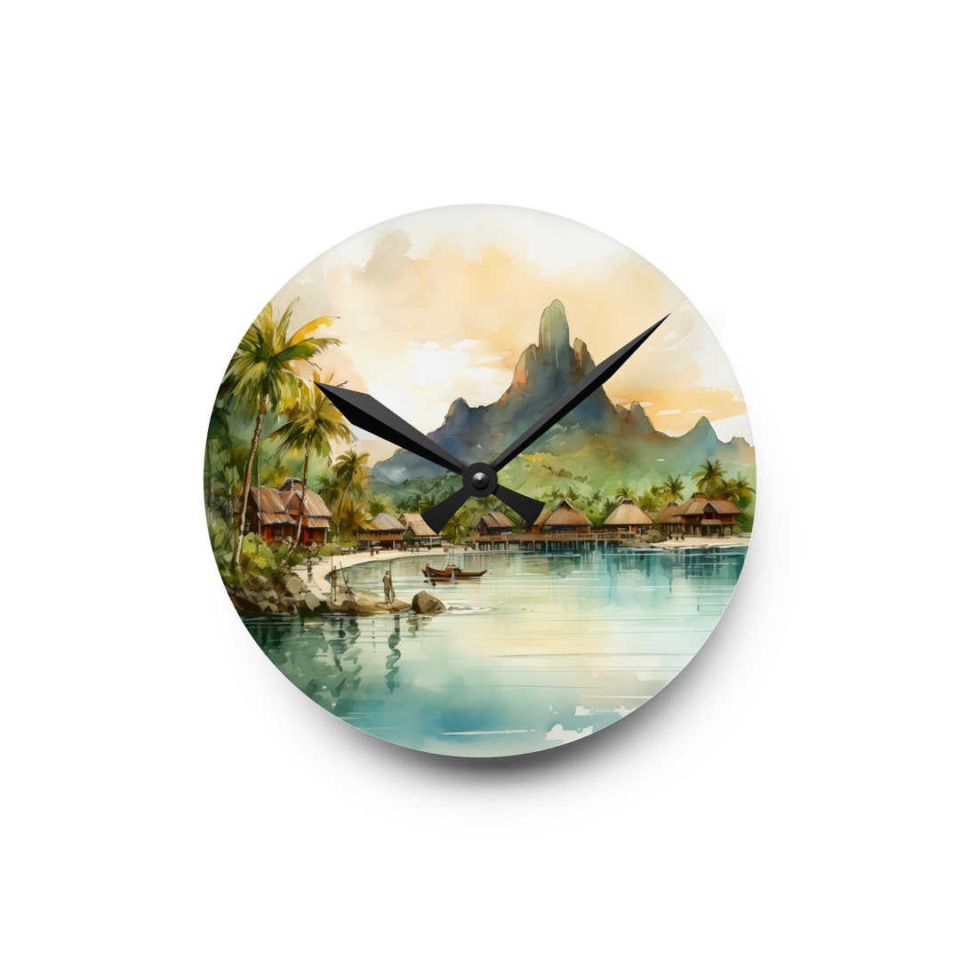 Bora Bora Sketch Acrylic Wall Clock - Tropical Bliss Art - Etsy
