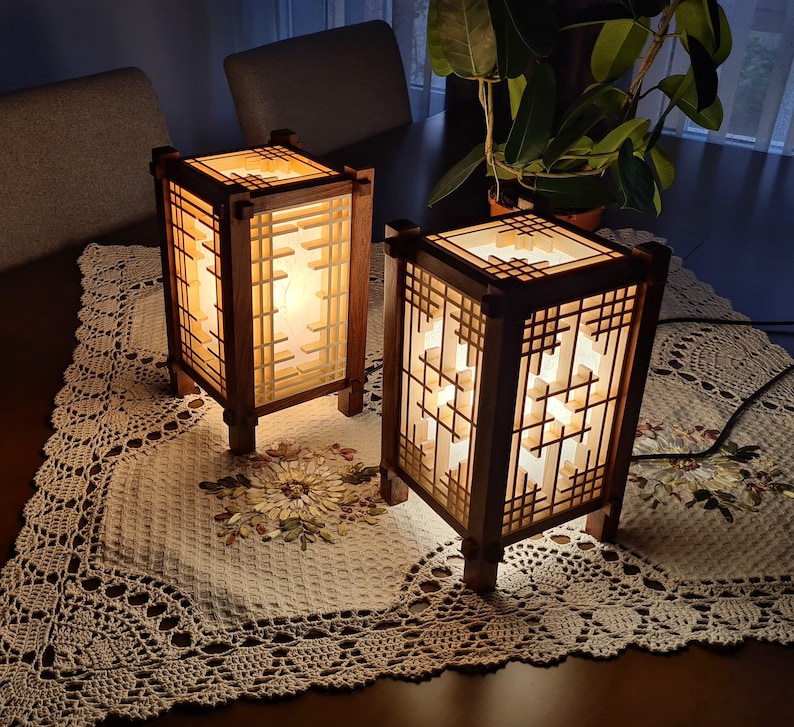 Japanese Style Table Bedside Shoji Asian Wooden Lamp Lantern With ...