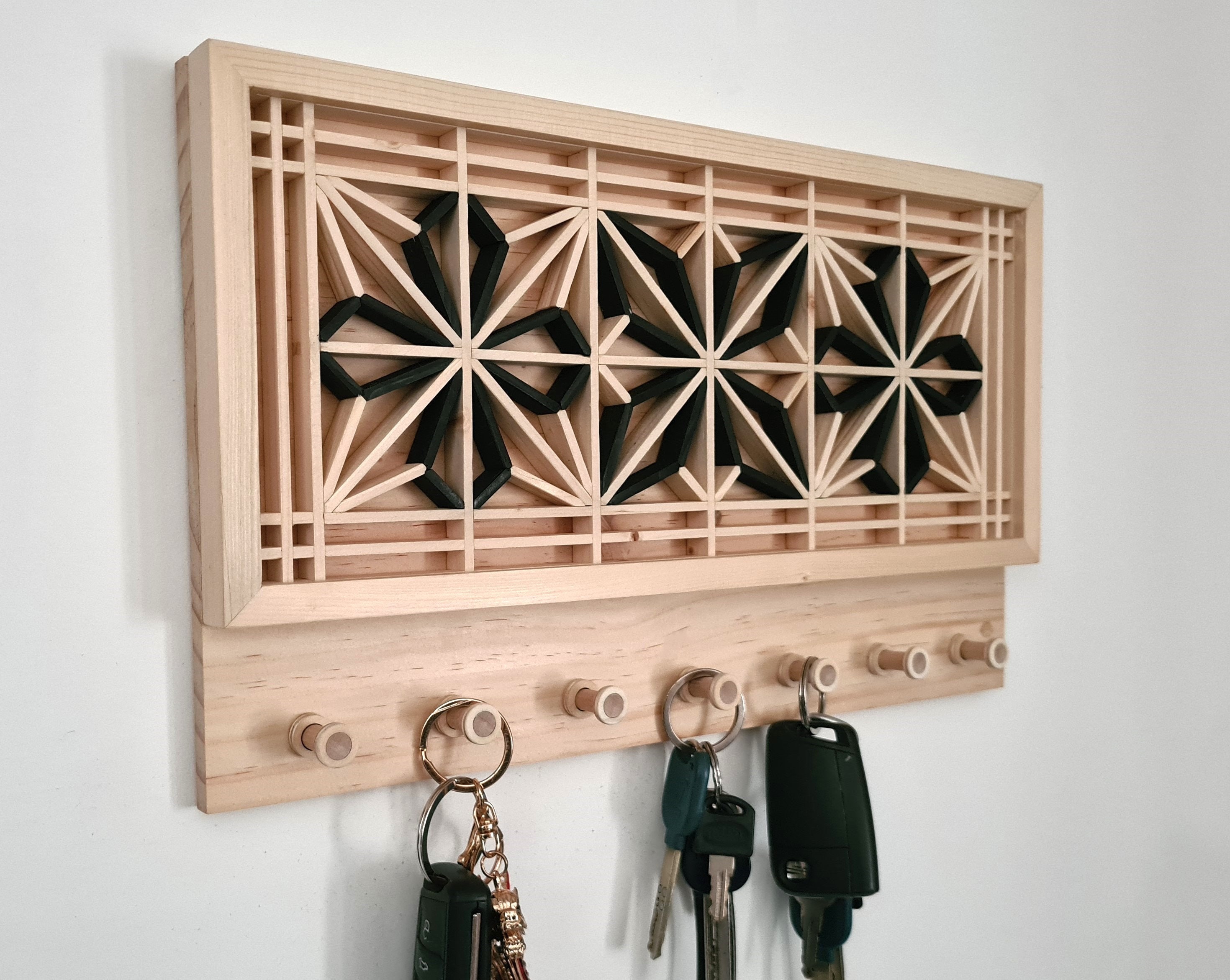 Wall Key Holder, Wooden Wall Key Rack, With Asanoha Kumiko Pattern - Etsy