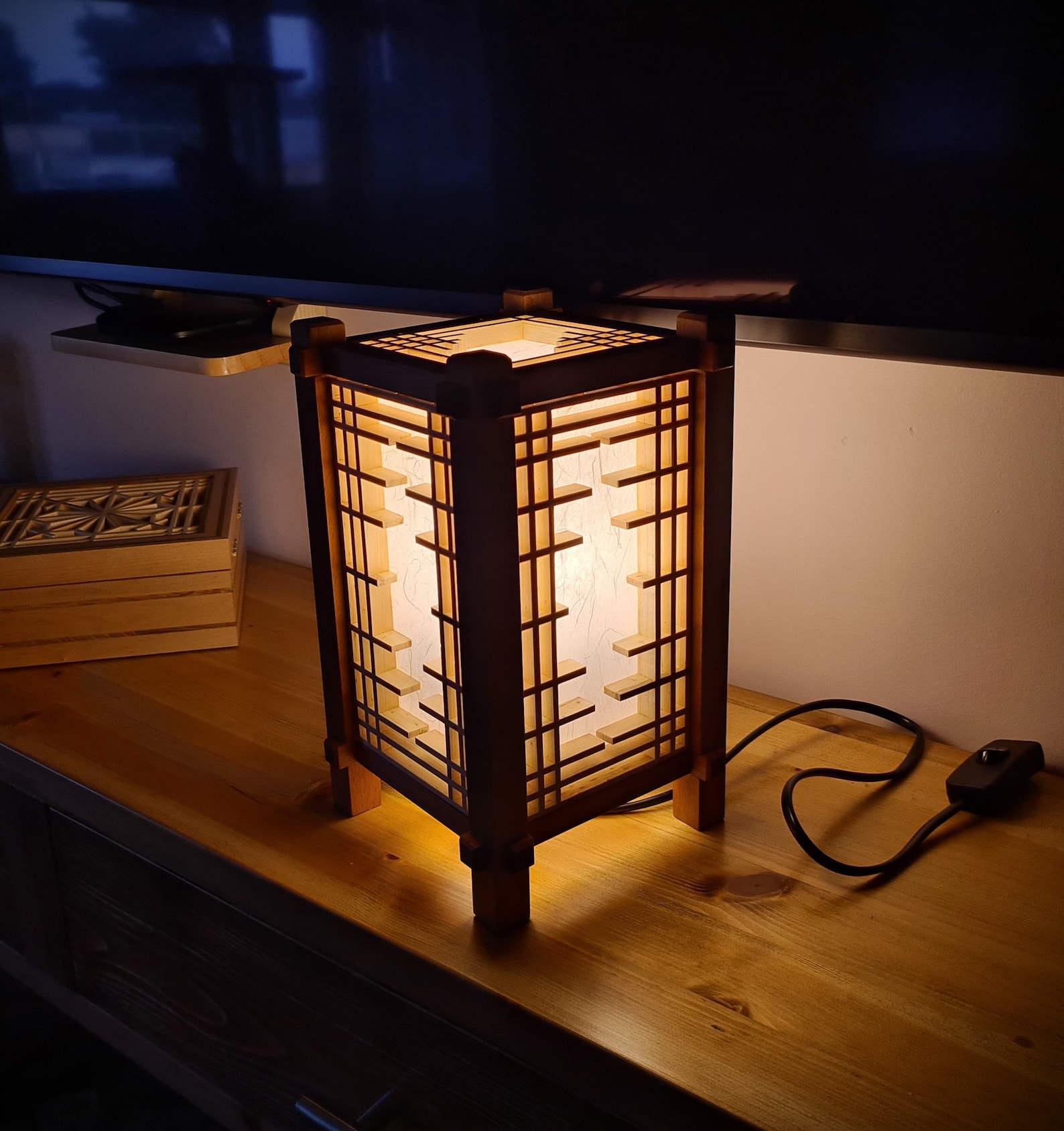 Japanese Style Table Bedside Shoji Asian Wooden Lamp Lantern With ...