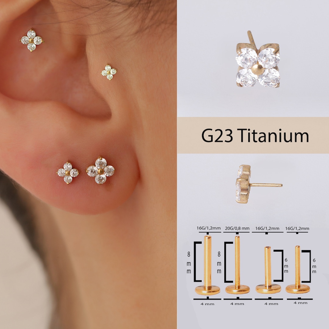 16G/18G/20G Titanium Threadless Flat Back Four Stone Flower CZ Stud ...
