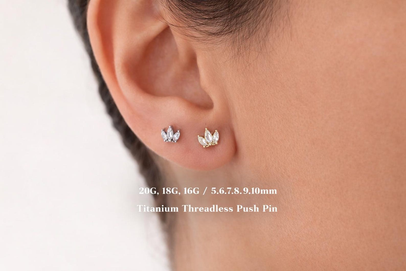 20G/18G/16G Titanium Push Pin Crown Labret Stud -threadless CZ Flat ...
