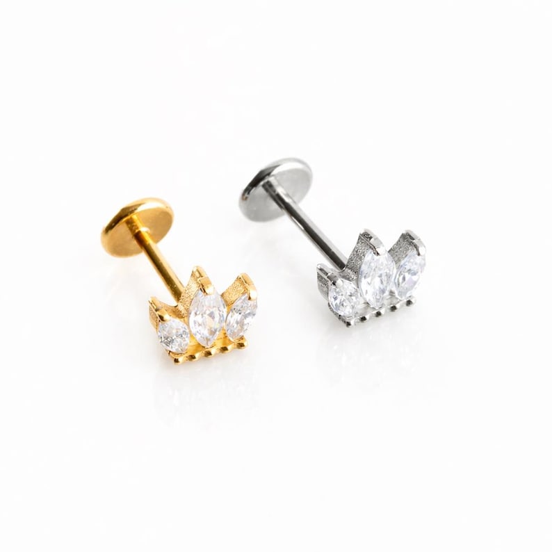20G/18G/16G Titanium Push Pin Crown Labret Stud -threadless CZ Flat ...