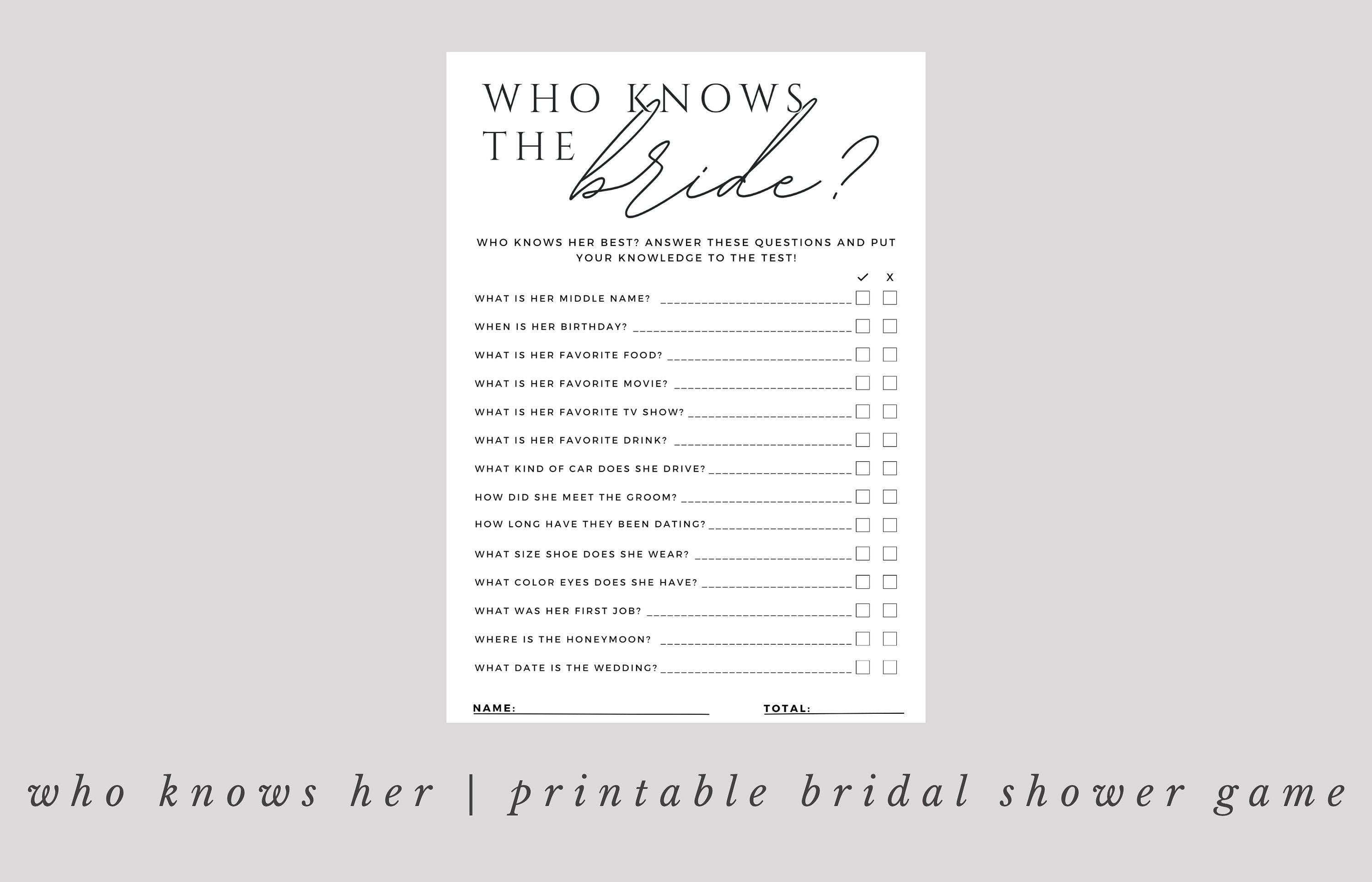 Who Knows the Bride Game | Printable Bridal Shower Game | Easy to ...