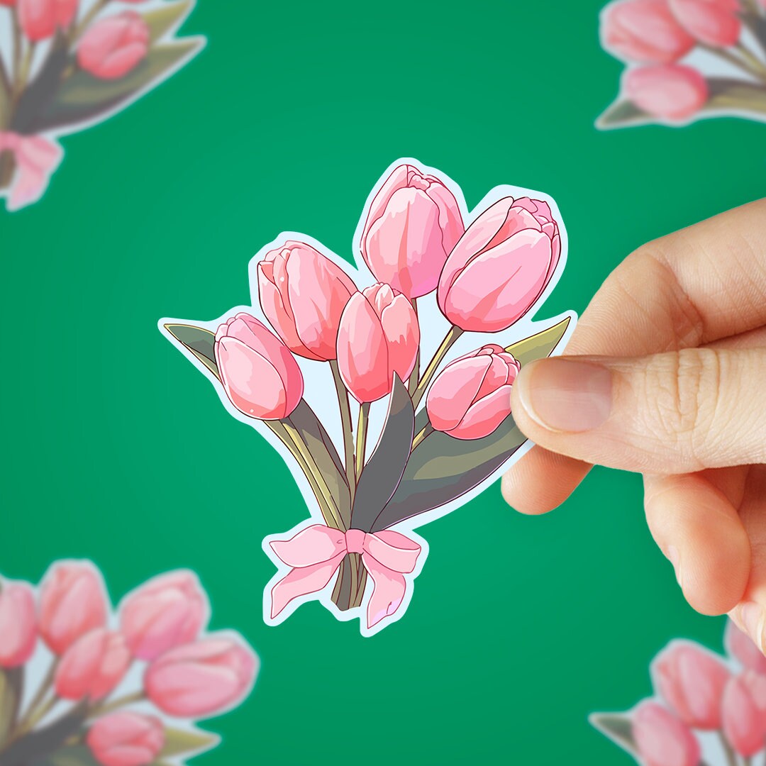 Pink Tulips Sticker | Cute Waterproof Vinyl Decal for Laptops, Water ...