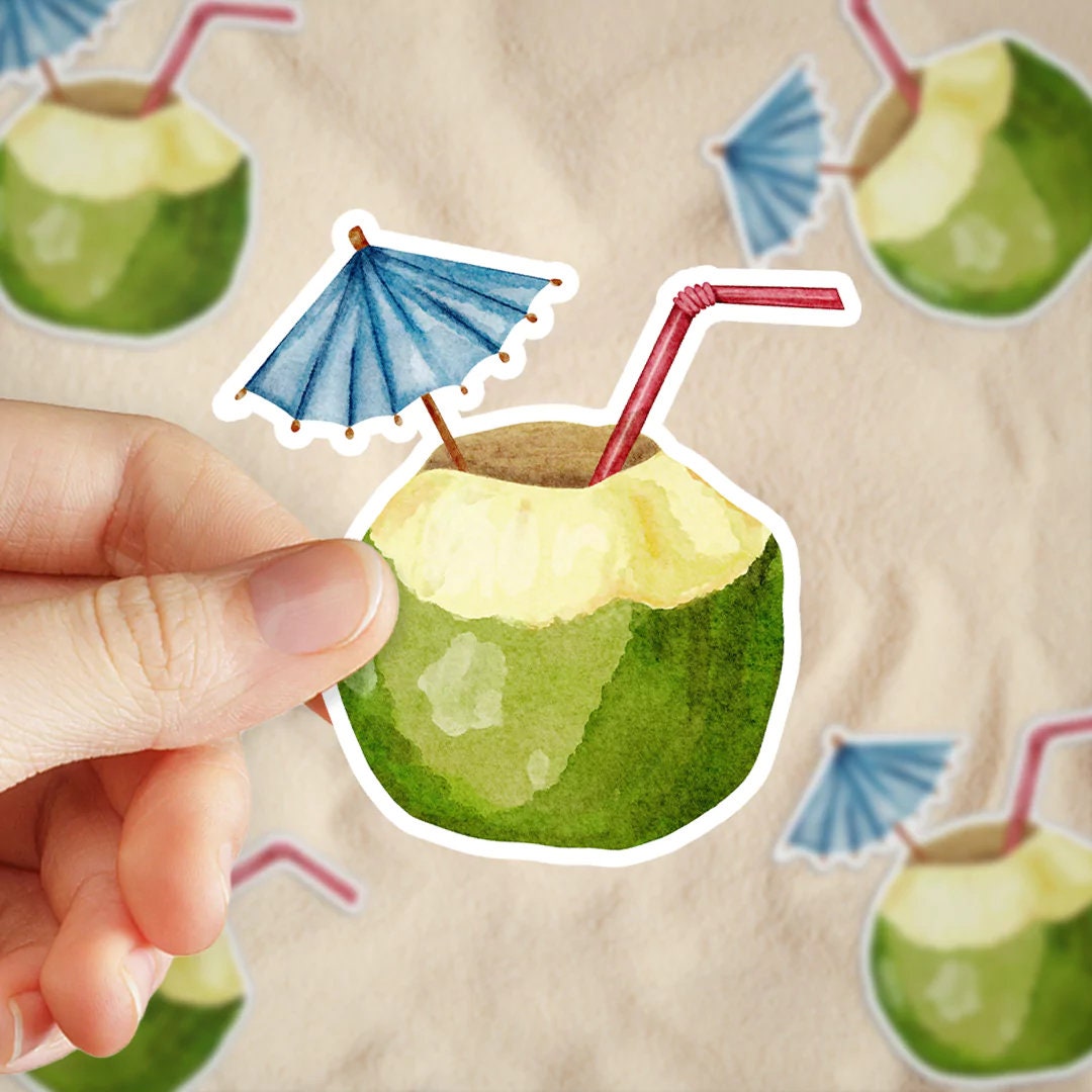 Coconut Drink With Straw Sticker, Tropical Vinyl Sticker, Summer ...