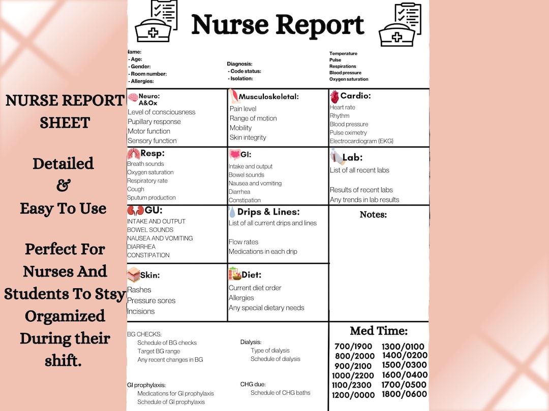 Nurse Report Sheet Nurse Handoff Report Sheets Nurse Patient Report ...