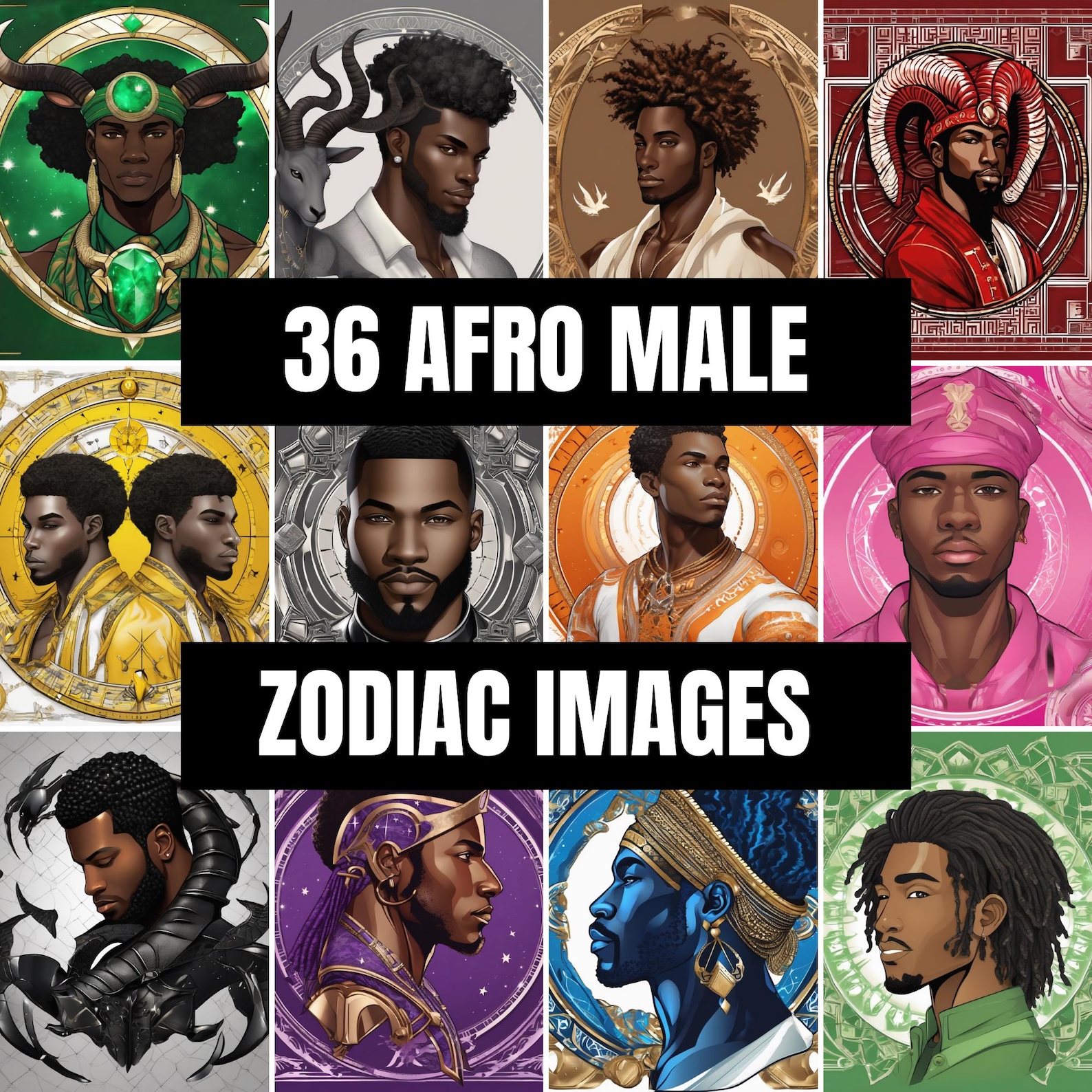 Afro American Male Zodiac PNG: 36 Astrology Graphics (canva Editable ...