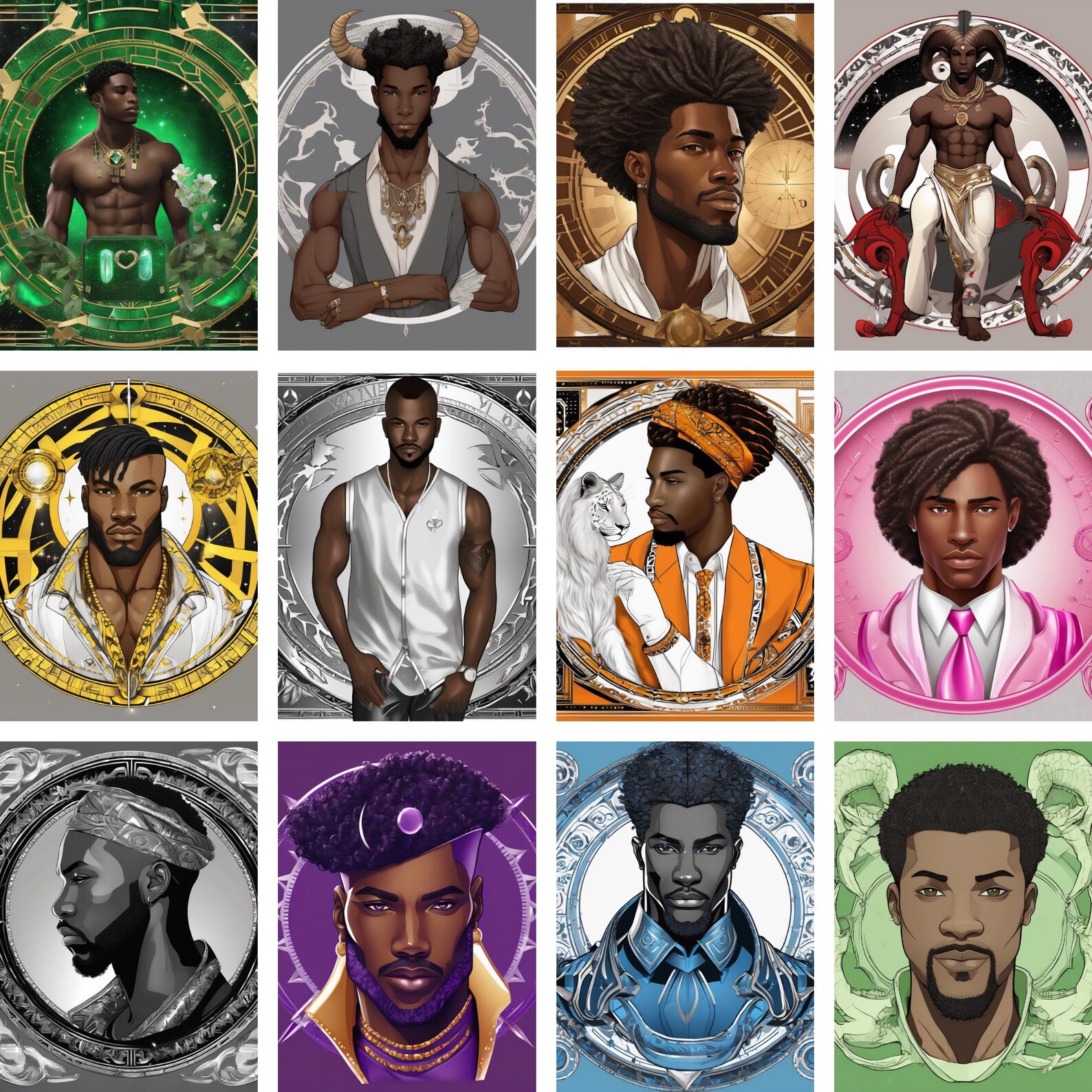 Afro American Male Zodiac PNG: 36 Astrology Graphics (canva Editable ...