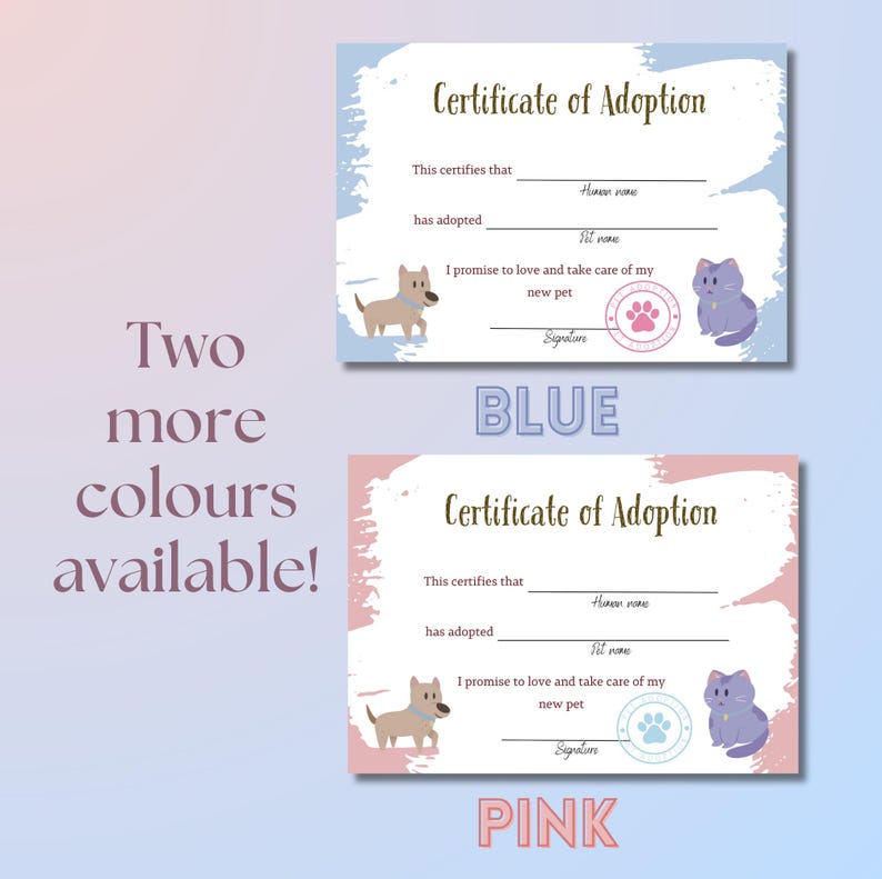 Pet Adoption Certificate for Kids Fun Activity With Pet Cute Room Decor ...