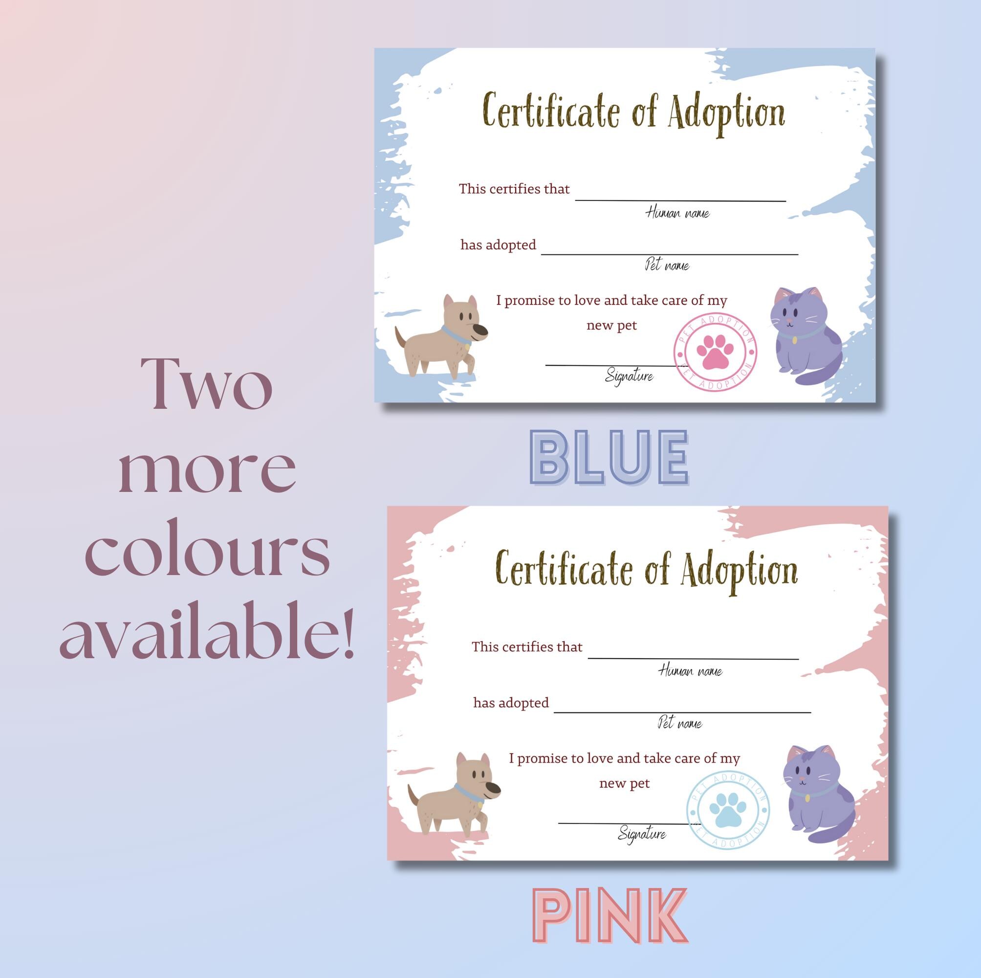 Pet Adoption Certificate for Kids Fun Activity With Pet Cute Room Decor ...