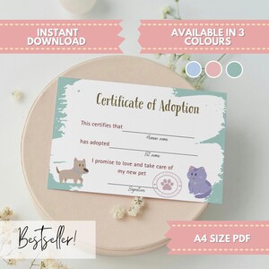 Pet Adoption Certificate for Kids Fun Activity With Pet Cute Room Decor ...