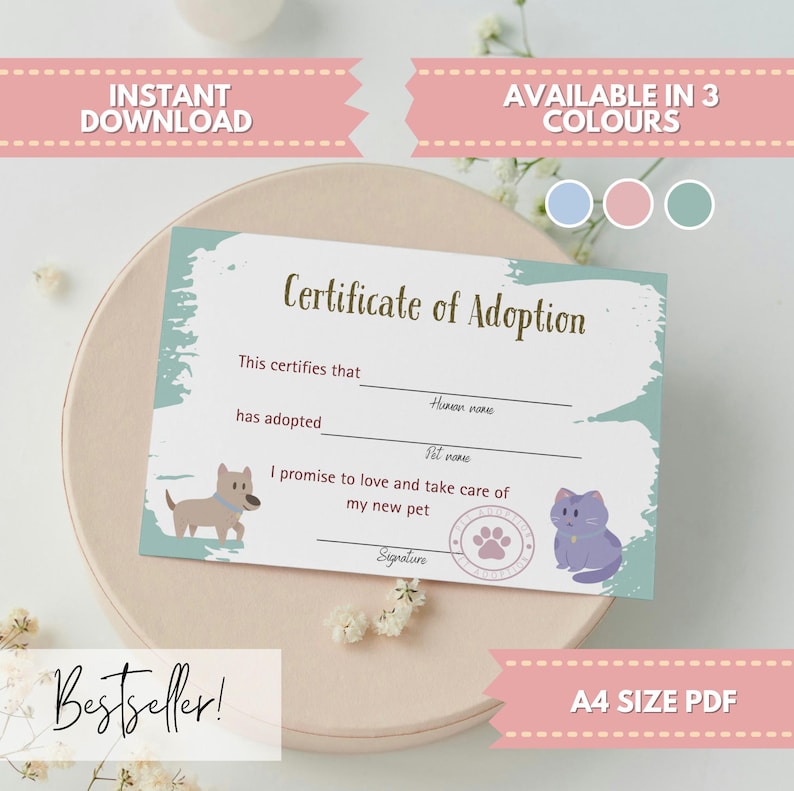 Pet Adoption Certificate for Kids Fun Activity With Pet Cute Room Decor ...