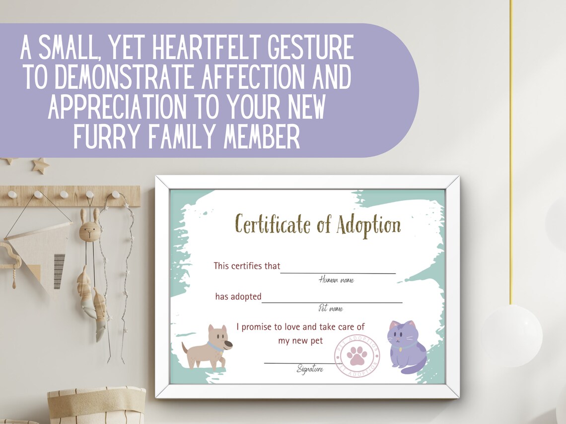 Pet Adoption Certificate for Kids Fun Activity With Pet Cute Room Decor ...
