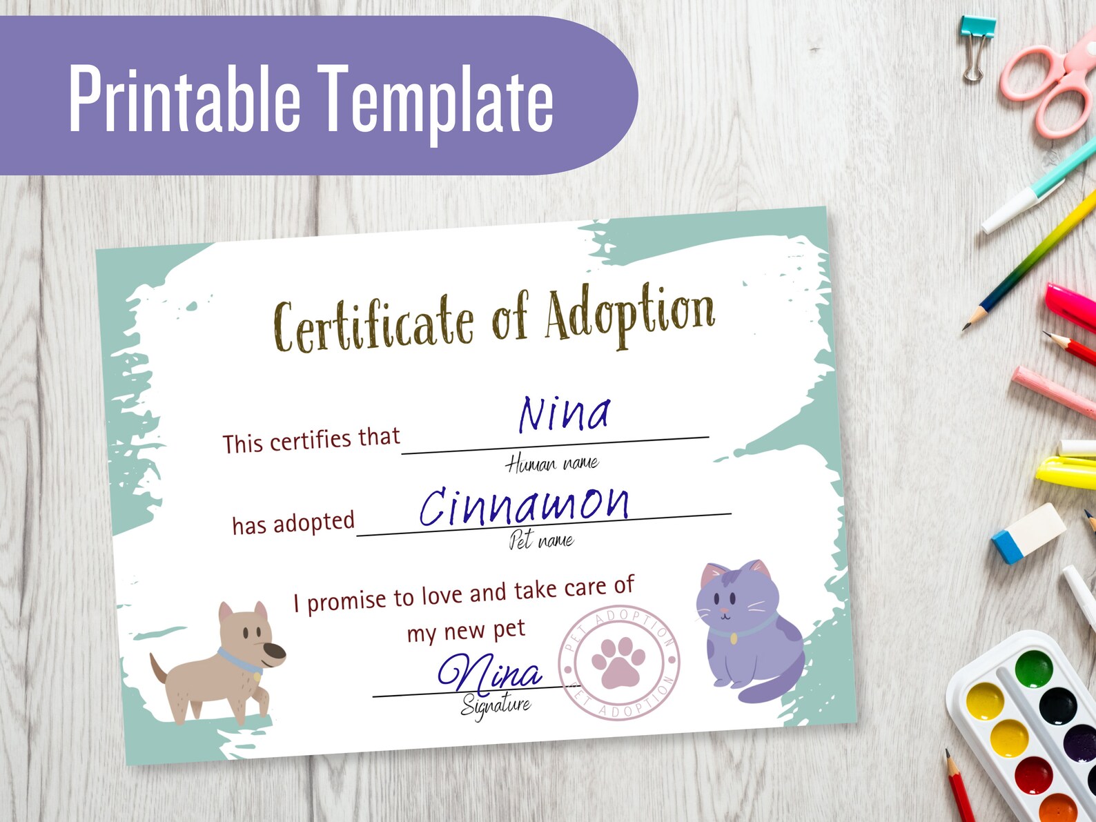 Pet Adoption Certificate for Kids Fun Activity With Pet Cute Room Decor ...