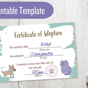 Pet Adoption Certificate for Kids Fun Activity With Pet Cute Room Decor ...