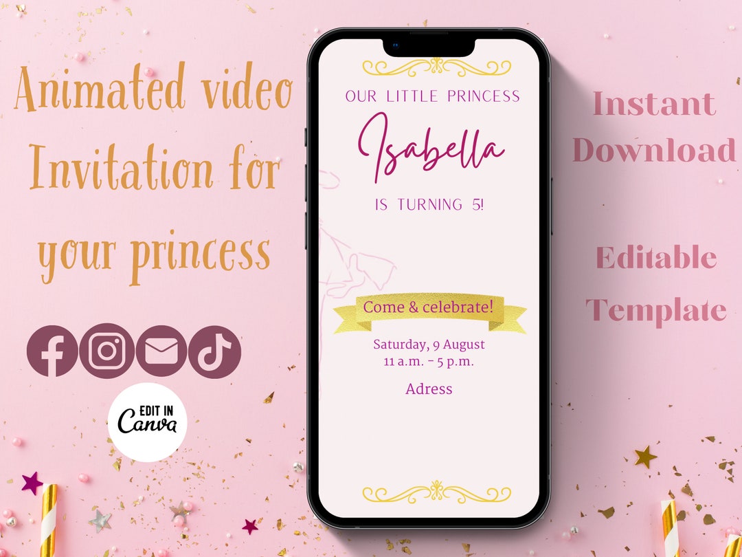 Digital Pink Princess Invitation Birthday for Kids Editable Gift for ...