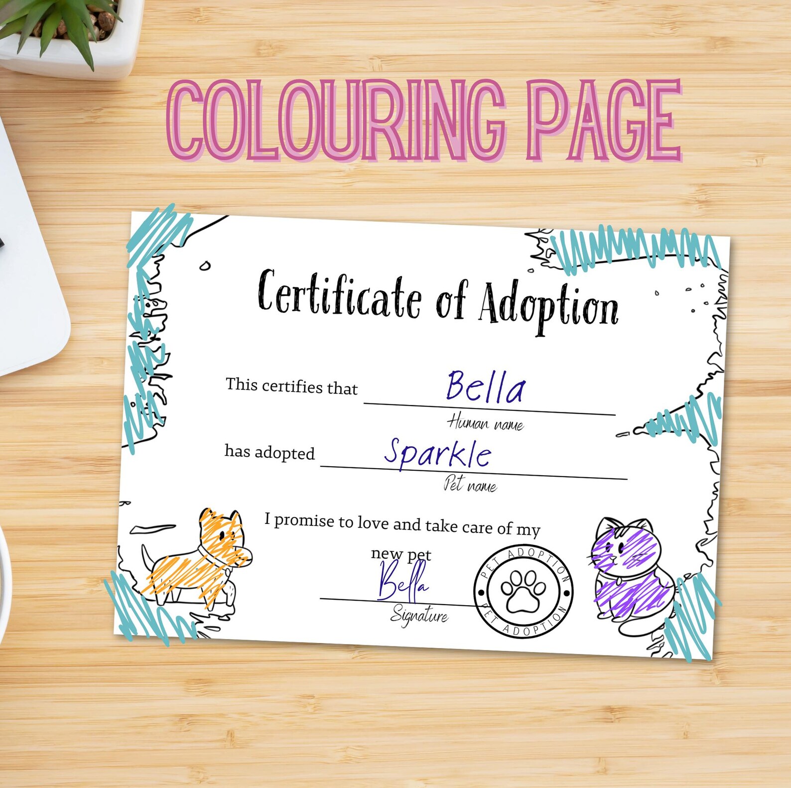 Colouring Page Pet Adoption Certificate for Kids Activity Fun Classroom ...
