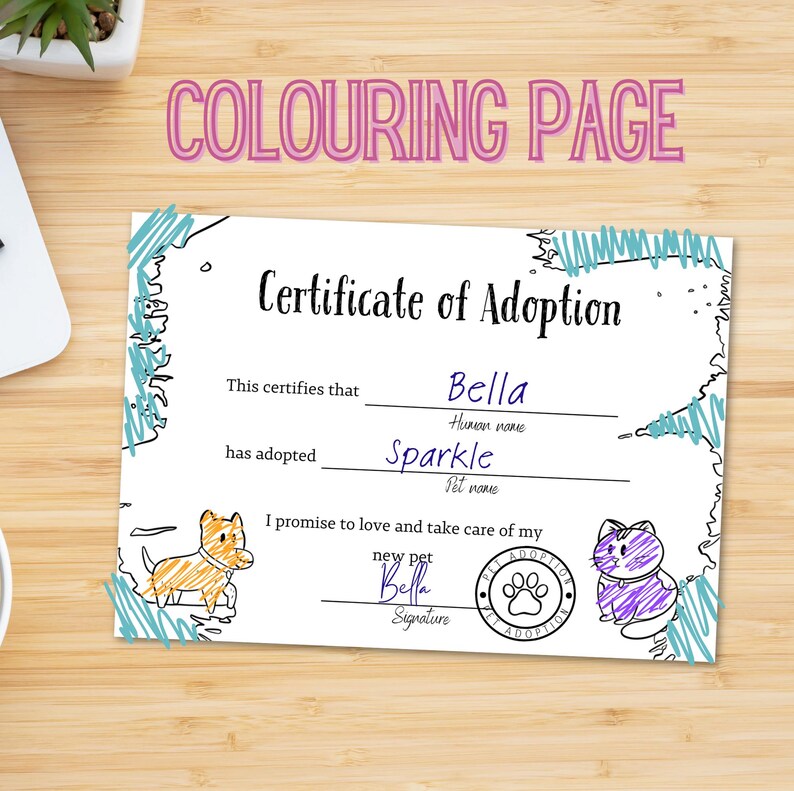 Colouring Page Pet Adoption Certificate for Kids Activity Fun Classroom ...