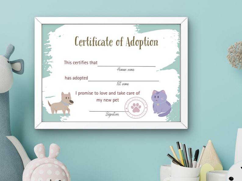 Pet Adoption Certificate for Kids Fun Activity With Pet Cute Room Decor ...