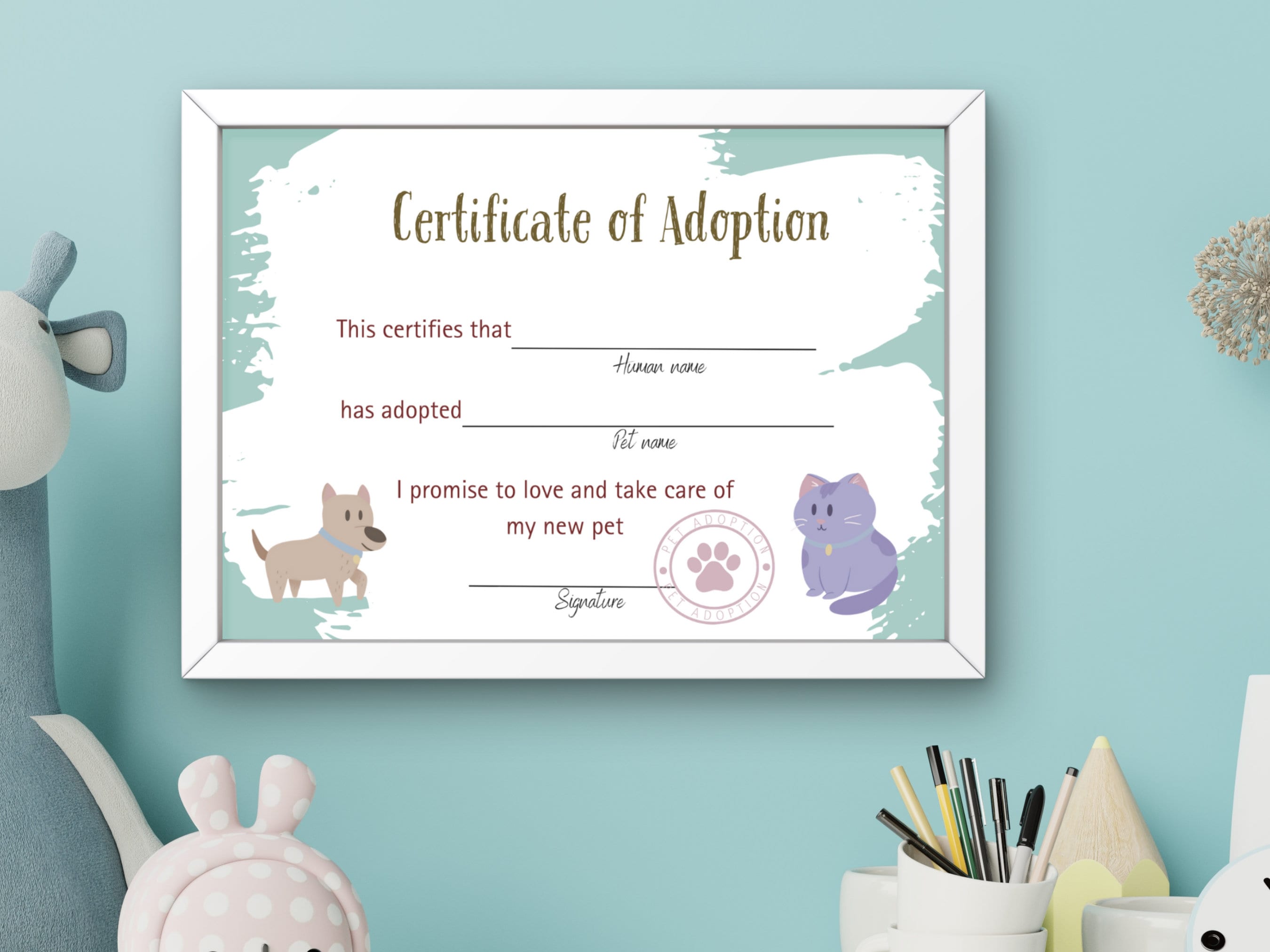 Pet Adoption Certificate for Kids Fun Activity With Pet Cute Room Decor ...