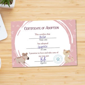 Pet Adoption Certificate for Pet Theme Party Keepsake for Children Fun ...