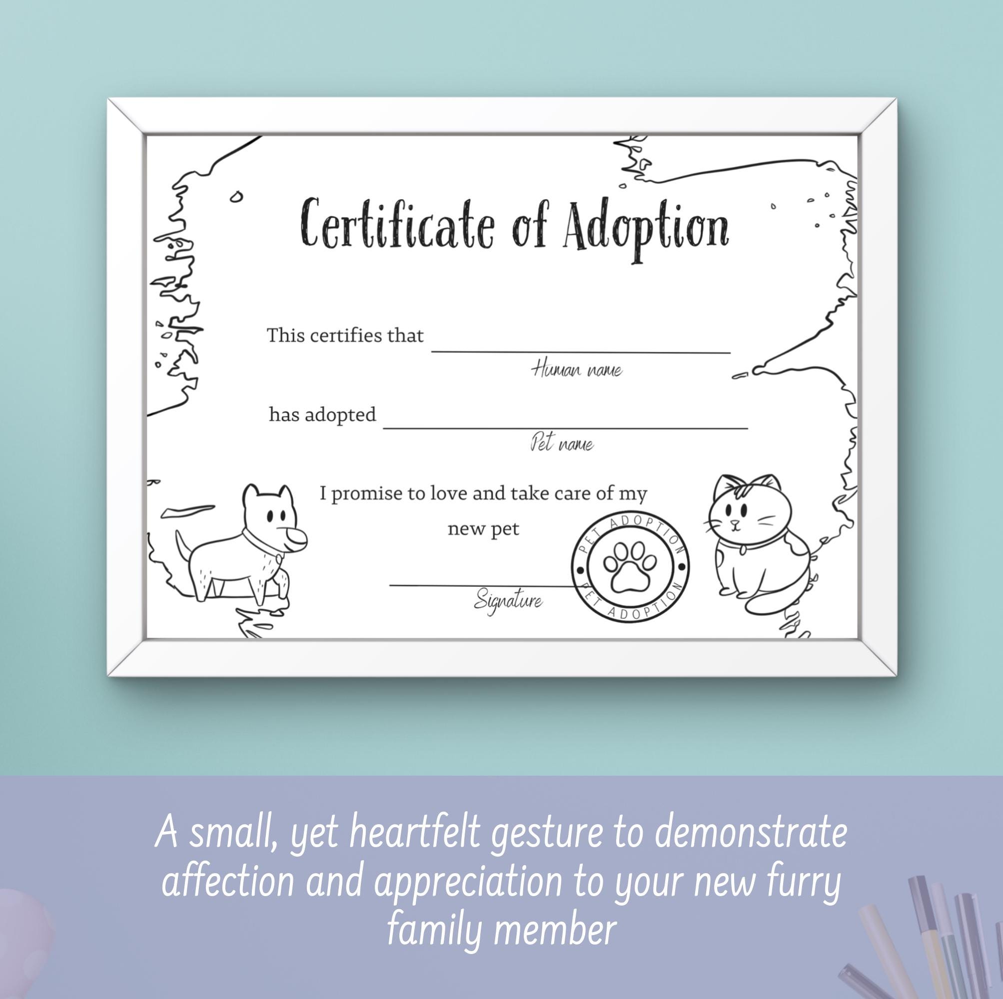 Colouring Page Pet Adoption Certificate for Kids Activity Fun Classroom ...