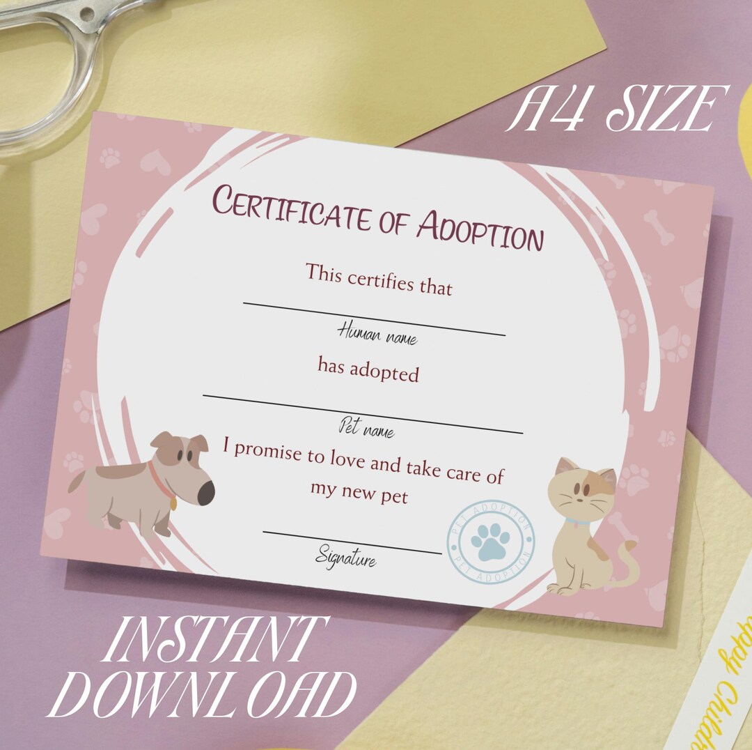 Animal Certificate of Adoption for Preschool Children Gift Idea for ...