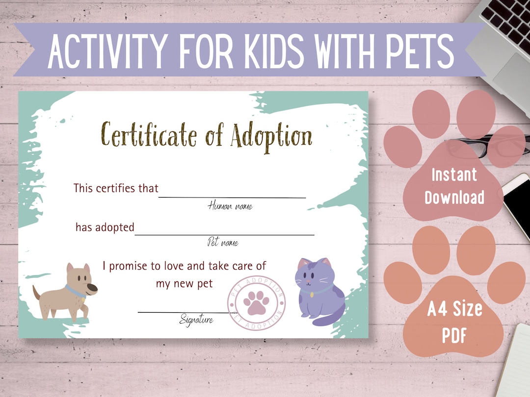 Pet Adoption Certificate for Kids Fun Activity With Pet Cute Room Decor ...