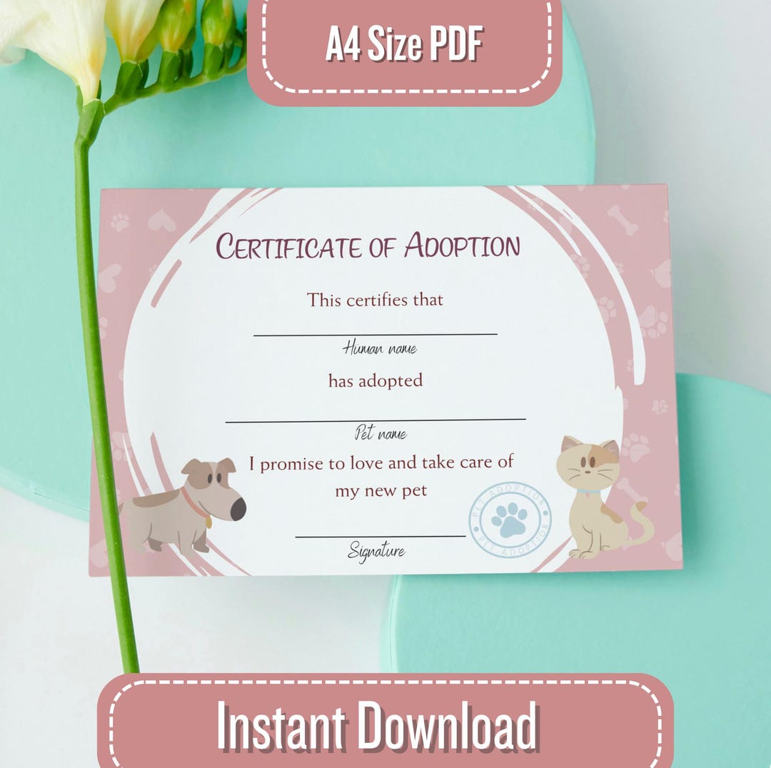 Pet Adoption Certificate for Pet Theme Party Keepsake for Children Fun ...