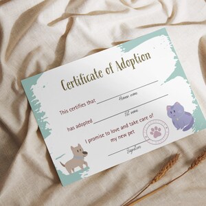 Pet Adoption Certificate for Kids Fun Activity With Pet Cute Room Decor ...