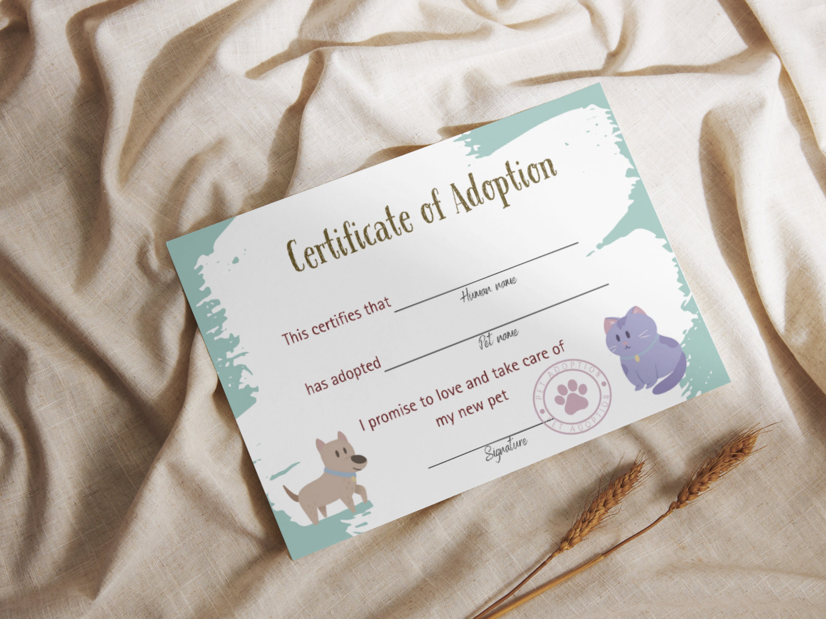 Pet Adoption Certificate for Kids Fun Activity With Pet Cute Room Decor ...