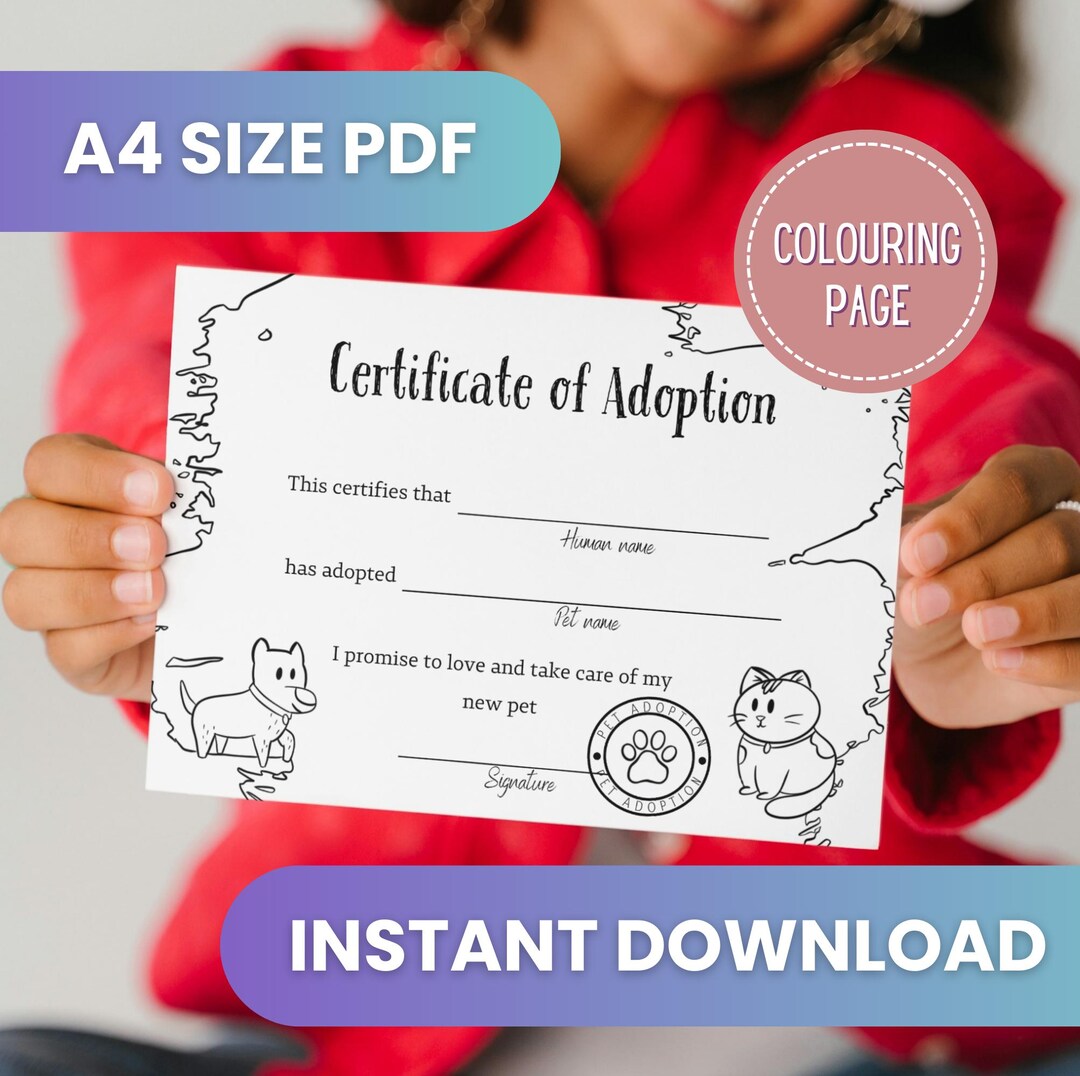 Colouring Page Pet Adoption Certificate for Kids Activity Fun Classroom ...