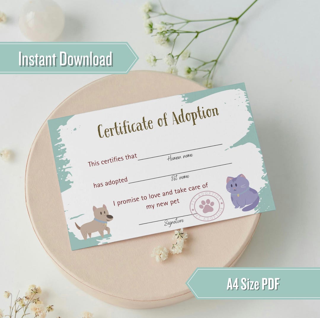 Pet Adoption Certificate for Kids Fun Activity With Pet Cute Room Decor ...