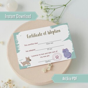 Pet Adoption Certificate for Kids Fun Activity With Pet Cute Room Decor ...