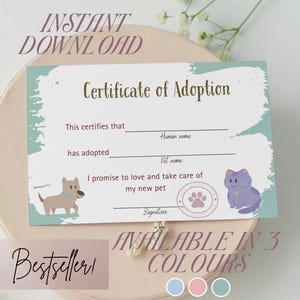 Pet Adoption Certificate for Kids Fun Activity With Pet Cute Room Decor ...