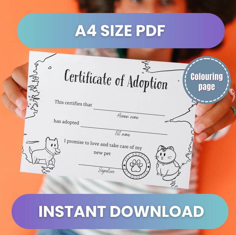 Pet Adoption Certificate Colouring Page for Kids Activity Classroom Fun ...