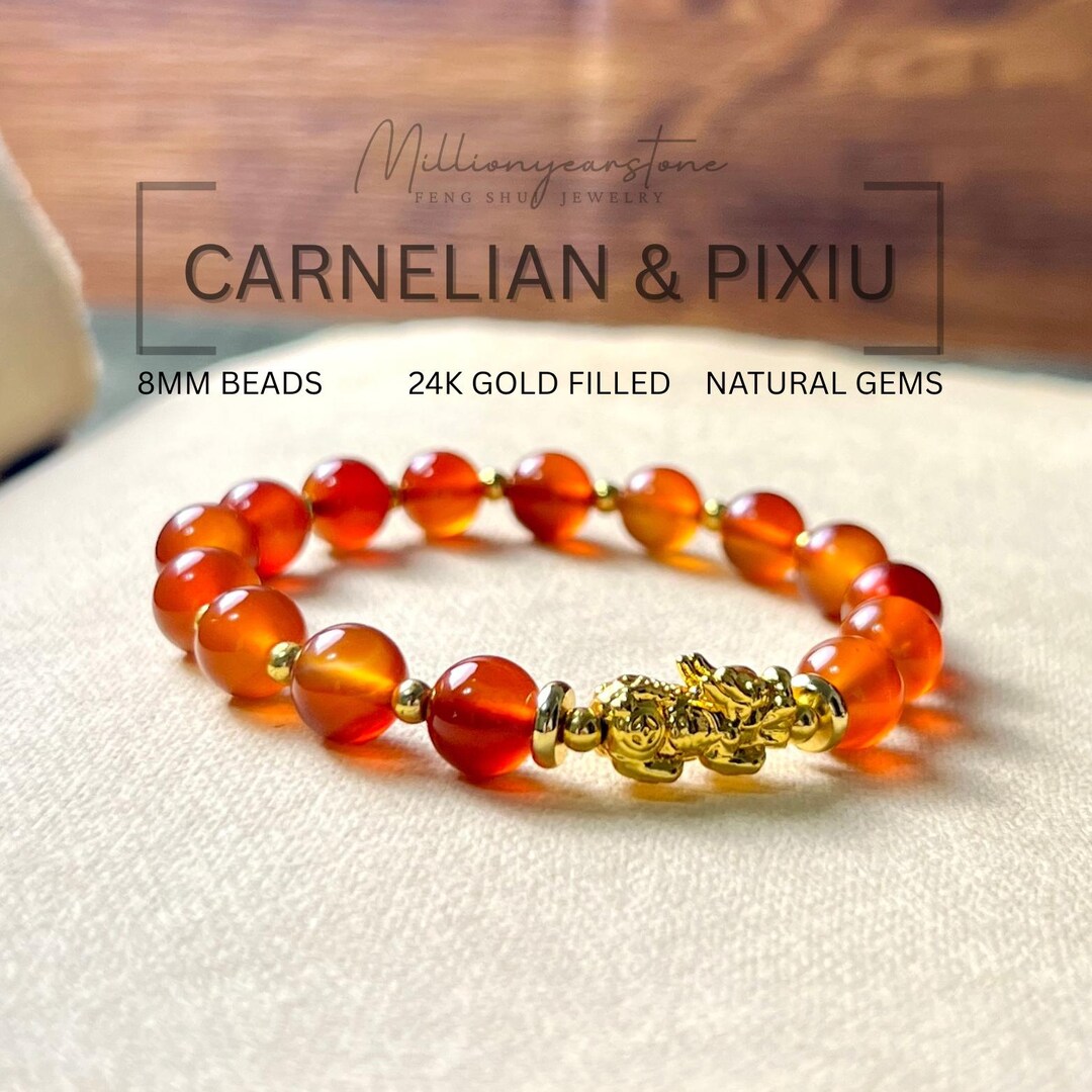 Natural Carnelian 8mm Beads Bracelet With 24k Gold Filled Pixiu Charm ...