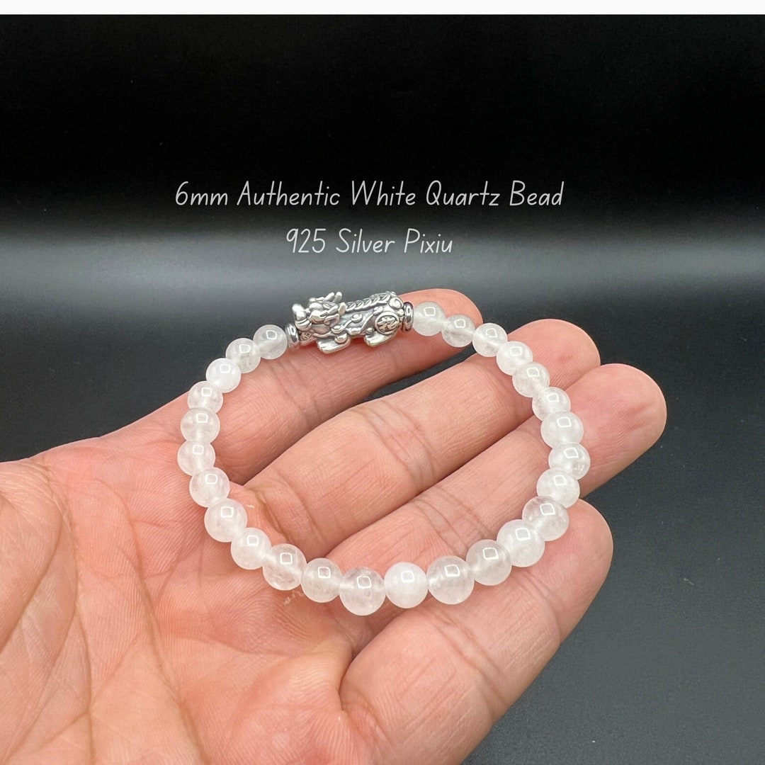 Natural White Jade Beaded Bracelet With S925 Silver Pixiu Charm: Feng ...