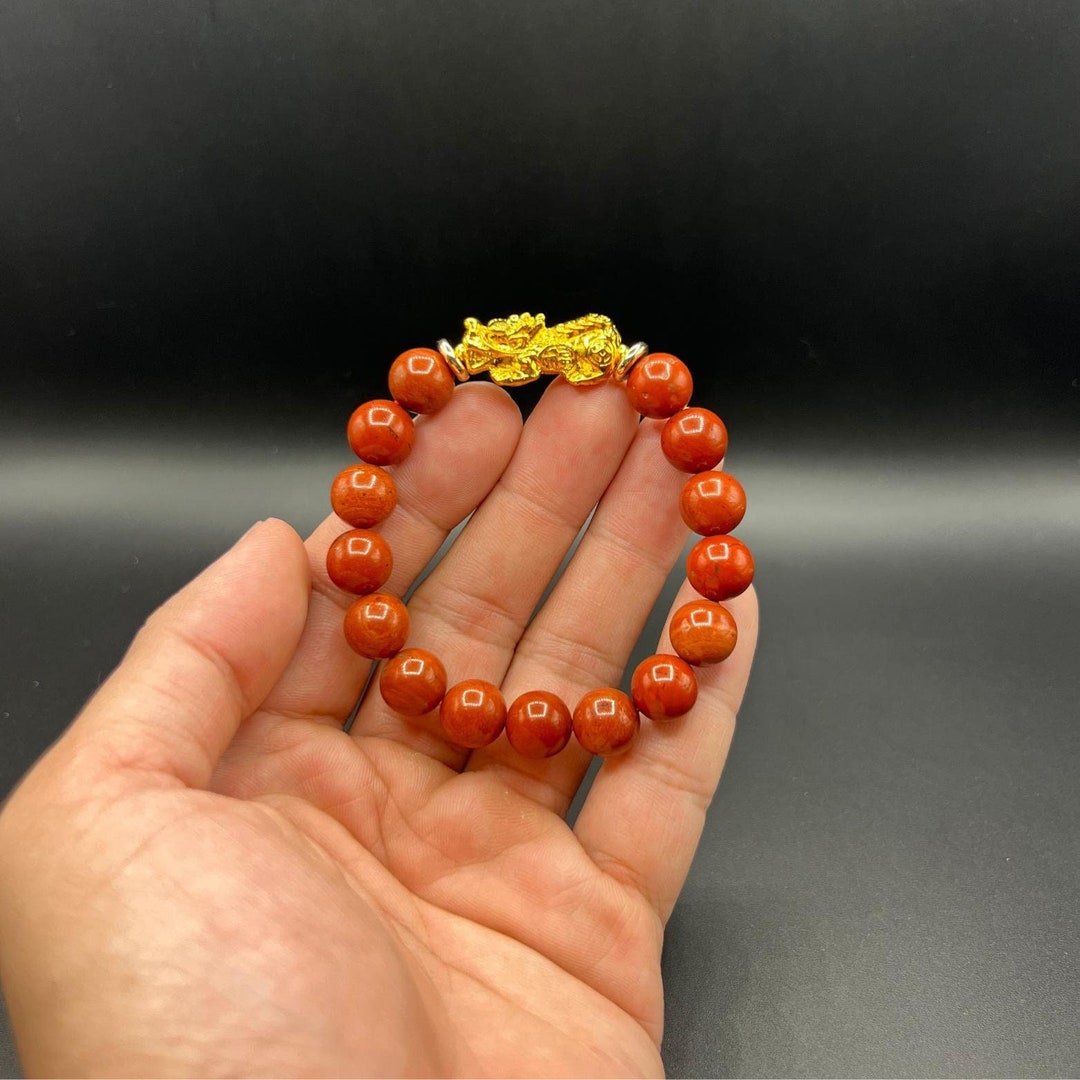 Natural Red Jasper 10mm and 24k Gold Plated Pixiu Wealth Bracelet Luck ...