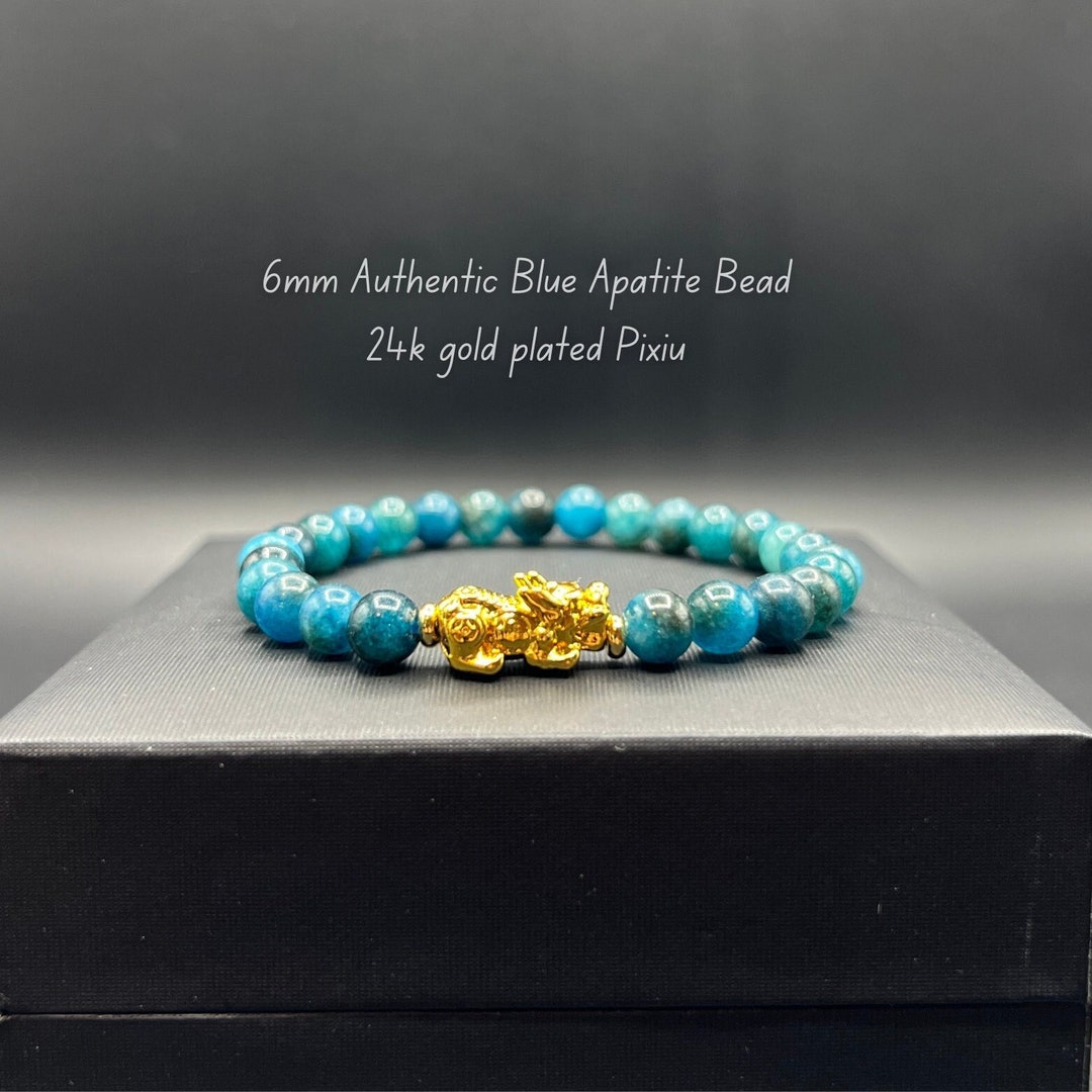 Authentic Blue Apatite Bead 6mm 24k Gold Plated Pixiu Handmade Jewelry ...
