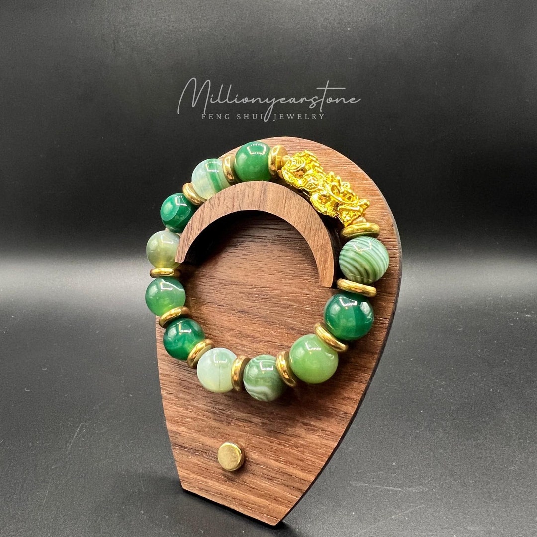 Feng Shui Pixiu Bracelet - 12mm Green Agate Beads - 24k Gold-plated ...