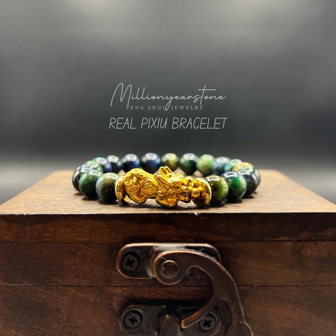 Feng Shui Pixiu Bracelet - 8mm Blue Green Tiger Eye Beads - 24k Gold ...