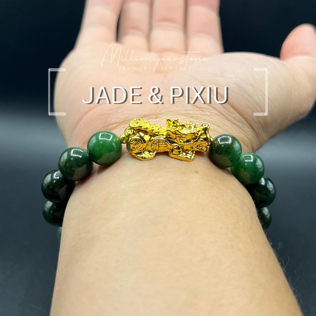 Natural Green Jade Pixiu Bracelet: 10mm Beads, 24k Gold Filled Charm ...
