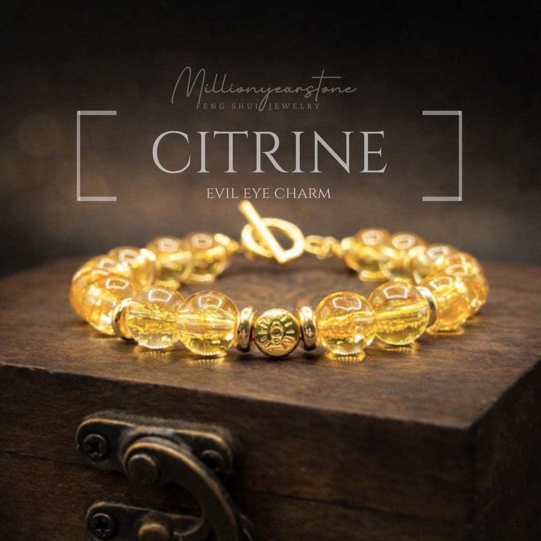 Handmade Citrine Evil Eye Bracelet: 18k Gold Charm, Feng Shui ...
